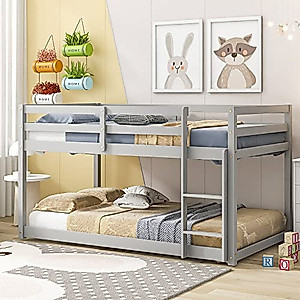 CNANXU Twin Low Bunk Bed, Twin Loft Bed with Ladder for Boys and Girls, Wood Twin Over Twin Bunk Bed Frame with Full Length Guardrail, Multifunctional Design, Wooden Slat Support (Grey)