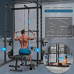 ULTRA FUEGO Power Cage, Multi-Functional Power Rack with J-Hooks, Dip Handles, Landmine Attachment and Optional Cable Pulley System for Home Gym (Power Cage with LAT Pulldown)