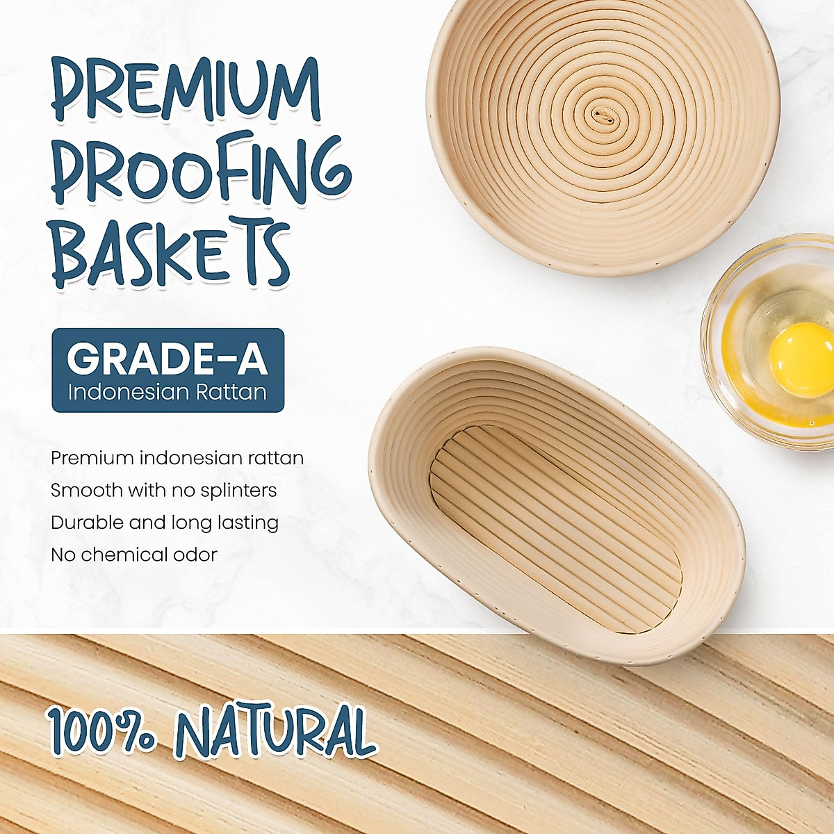 RORECAY Bread Banneton Proofing Basket Set of 2, 9 Inch Round & 10 Inch Oval Cane Sourdough Baskets with Bread Lame + Dough Scraper + Linen Liner + Basting Brush for Bread Making Baking Fermentation
