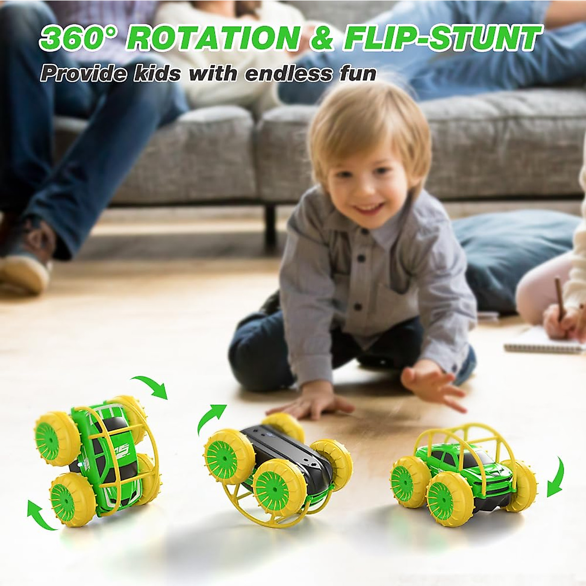 Remote Control Car, Amphibious Rc Stunt Car 360° Flip & Rotation RC Car for Kids with Cool LED 2.4Ghz 4WD All Terrain Indoor Outdoor Toys Gift for 3-12 Boys Girls - 2 Rechargeable Batteries Included