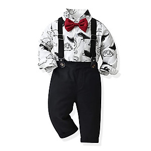 JunNeng Baby Toddler Boy Dinosaur Outfits Suits Gentleman Clothes Sets, Bowtie Dress Shirt+Suspender Pants Dress Suits (White Dinosaur, 18-24 Months)