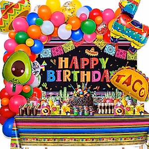 97pcs Mexican Party Decorations Fiesta Birthday Supplies for Boys Girls Adult - Balloon Arch Garland Kit Serape Tablecloth Happy Birthday Backdrop Taco Balloons Decor Cinco De Mayo Party Decorations