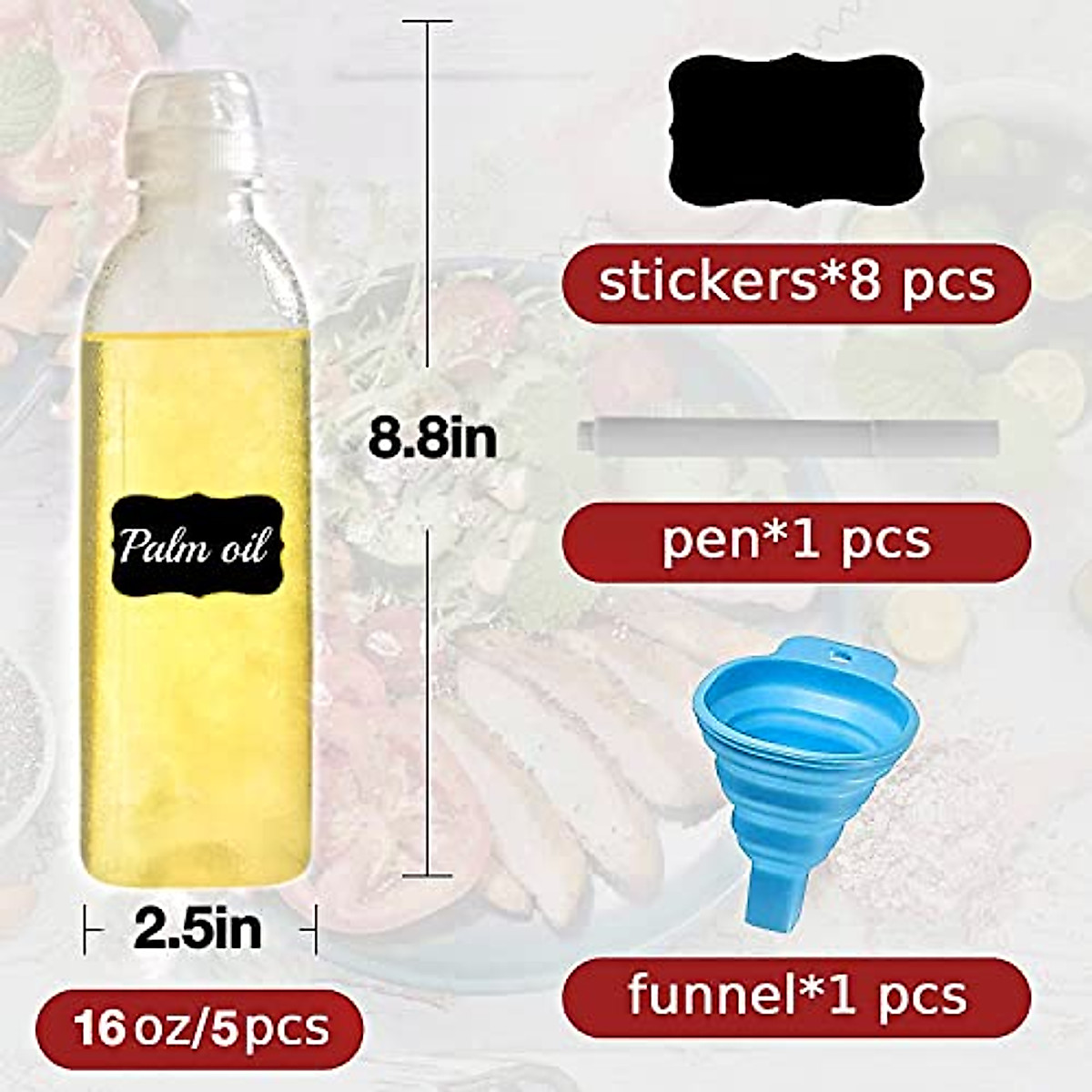 EPIPHANY Condiment Squeeze Bottles 16 Oz,with Flip Top Cap,Hot Sauce Bottles Squeeze,Perfect For Condiments, Oil, Icing, Liquids–Set Of 5 With Extra 1 Silicone Funnel, 8 Chalk Labels And 1 Pen…