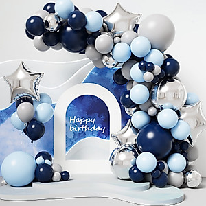 RUBFAC 155pcs Blue Silver Balloon Garland Arch Kit Pastel Blue Navy Blue Metallic Silver Grey Baby Blue Night Blue Balloons for Boys Graduation Girls Baby Shower Wedding Birthday Party Decorations