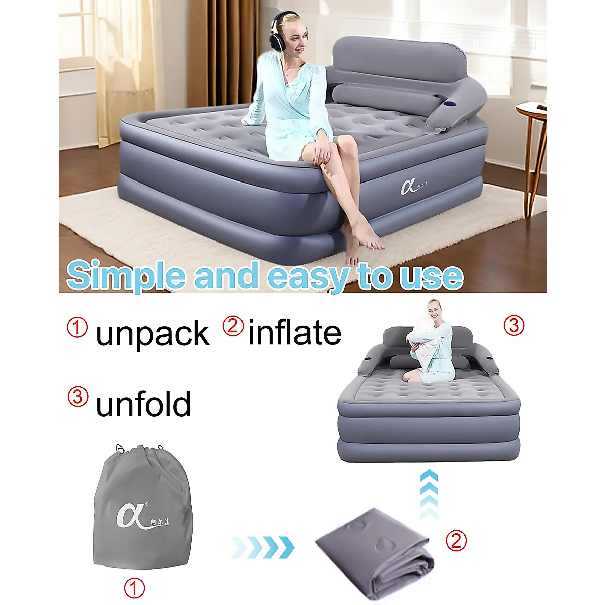 A-ER-FA Queen Air Mattress with Headboard and Cup Holder, Comfort Blow Up Mattress, Inflatable Mattress for Guests and Home, Colchon Inflable, Air Bed