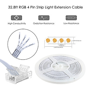 RGBZONE 𝟰 𝗣𝗶𝗻 𝟭𝟬𝗺𝗺 𝗟𝗘𝗗 𝗦𝘁𝗿𝗶𝗽 𝗖𝗼𝗻𝗻𝗲𝗰𝘁𝗼𝗿 𝗞𝗶𝘁 32.8ft 4 Pin RGB Extension Wire and 5 Pcs 4 Pin LED Strip to Wire Connectors for 10mm IP20/IP65 5050 3528 SMD RGB LED Strip Light