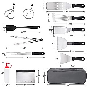 Griddle Accessories Kit, 14pc, Stainless Steel BBQ Barbecue Tools Set for Blackstone Flat Tops, Includes Spatulas, Tongs, Scraper Tools, Brush, Fork, Squeeze Bottles, Carrying Bag