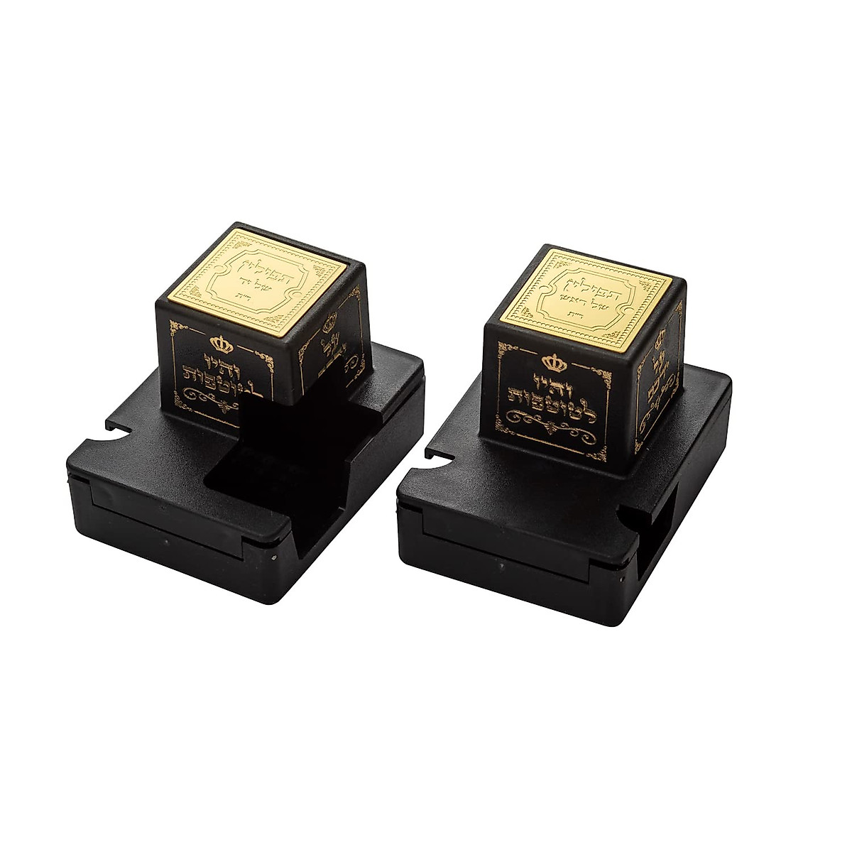 Plastic Tefillin Boxes Case Cover with metal plate on top set of 2 Shel Rosh And Shel Yad For Righty (Black And Gold Rabbeinu Tam, 35)
