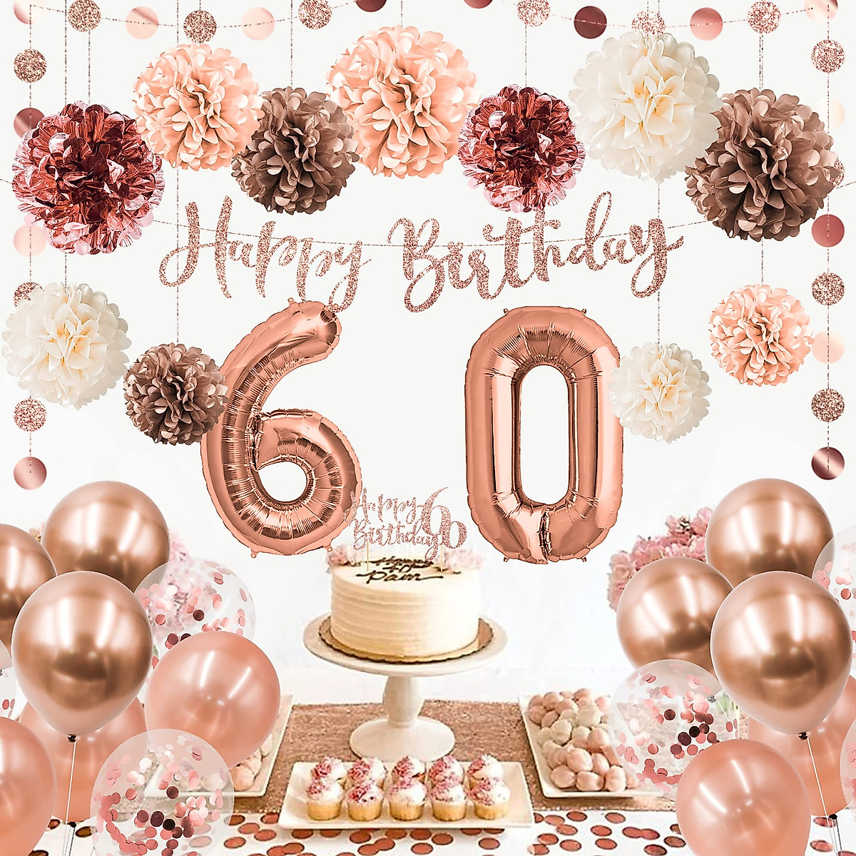 60th Birthday Party Decorations Rose Gold Decor Party Supplies Tissue Pom Poms Paper Circle Dots Garlands, Hanging Party Supply Set for 60th Anniversary Decorations Birthday Party Backdrop