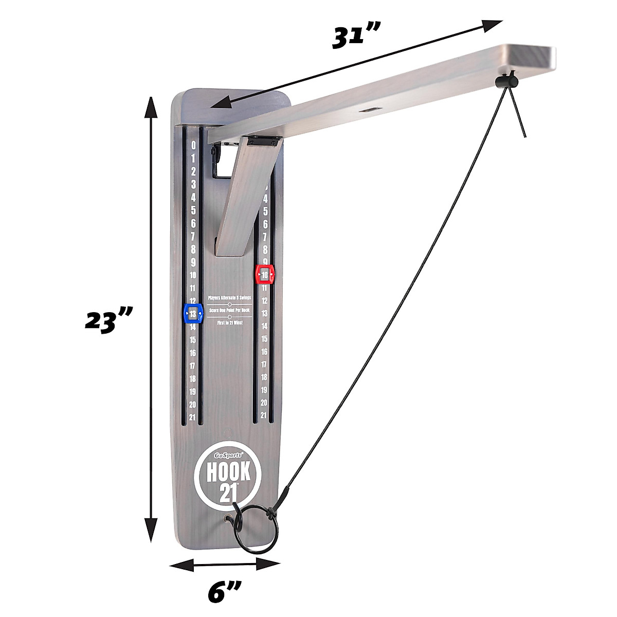 GoSports Hook 21 Wall Mount Ring Swing Game - Play Indoors or Outdoors with Foldable Arm