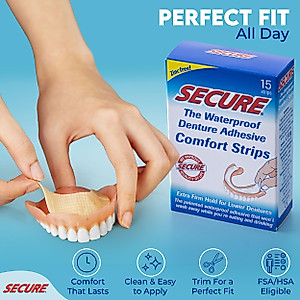 Secure Comfort Strips Waterproof Denture Adhesive - Zinc Free - Extra Firm Hold For Lower Dentures - 15 Strips (Pack of 3)