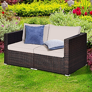 HAPPYGRILL 2 Pieces Patio Sofa Set Rattan Wicker Corner Sofa Set with Zippered Cushions for Backyard Balcony Porch Garden Poolside