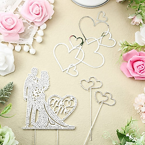 Spiareal 4 Pcs Wedding Cake Topper Mr and Mrs Rhinestone Bride and Groom Love Cake Topper Metal Happy Engagement Anniversary Cake Topper Wedding Party Cake Decor Cake Topper for Bridal Shower(Silver)