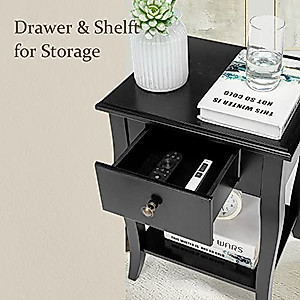 LUE BONA Nightstand, Mid Century Vintage Nightstand with Drawer and Shelf, Bed Side Table/Night Stand, 21.7″ Height, Wood Nightstand Small End Table for Bedroom, Sofa, Black