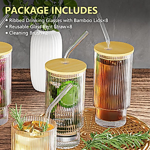 CWHHRN Glass Cups, 16OZ Vintage Glass Coffee Cups with Lids and Straws 8 Set, Vintage Glassware for Whiskey Cocktail Beer, Iced Coffee Cups with Lid, Glass Tumbler with Straw and Lid