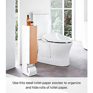 YAMAZAKI Home Dispenser-Bathroom Storage Holder Stand | Steel + Wood | Tall | Toilet Paper Stocker, Ash