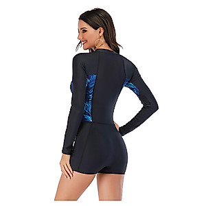 Women UV Protection Surfing Suit Boyleg One Piece Swimsuit Long Sleeve Rash Guard Surfing Swimsuit Swimwear Bathing Suit Black Blue