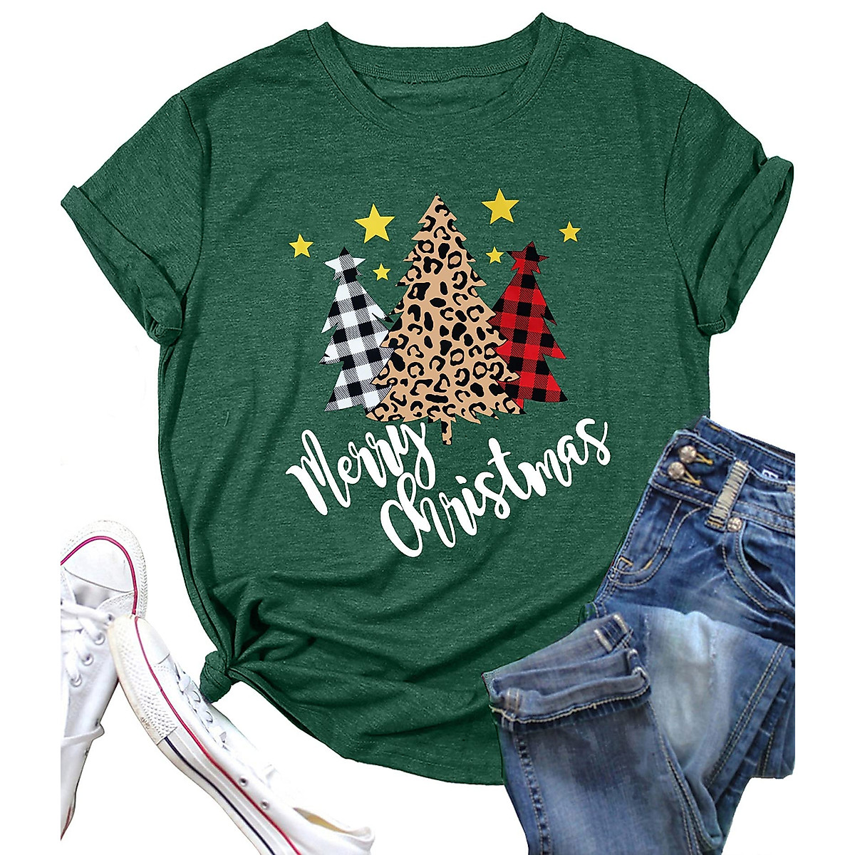 Plus-Size Christmas Shirts Women Merry Christmas Leopard Plaid Tree Print Shirt Holiday Tops Xmas Tee