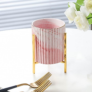 YOSCO Kitchen Utensil Holder,Ceramic Silverware Holder,Flatware Organizers with Golden Metal Frame for Home, Kitchen,Restaurant,Countertop (Pink-1)