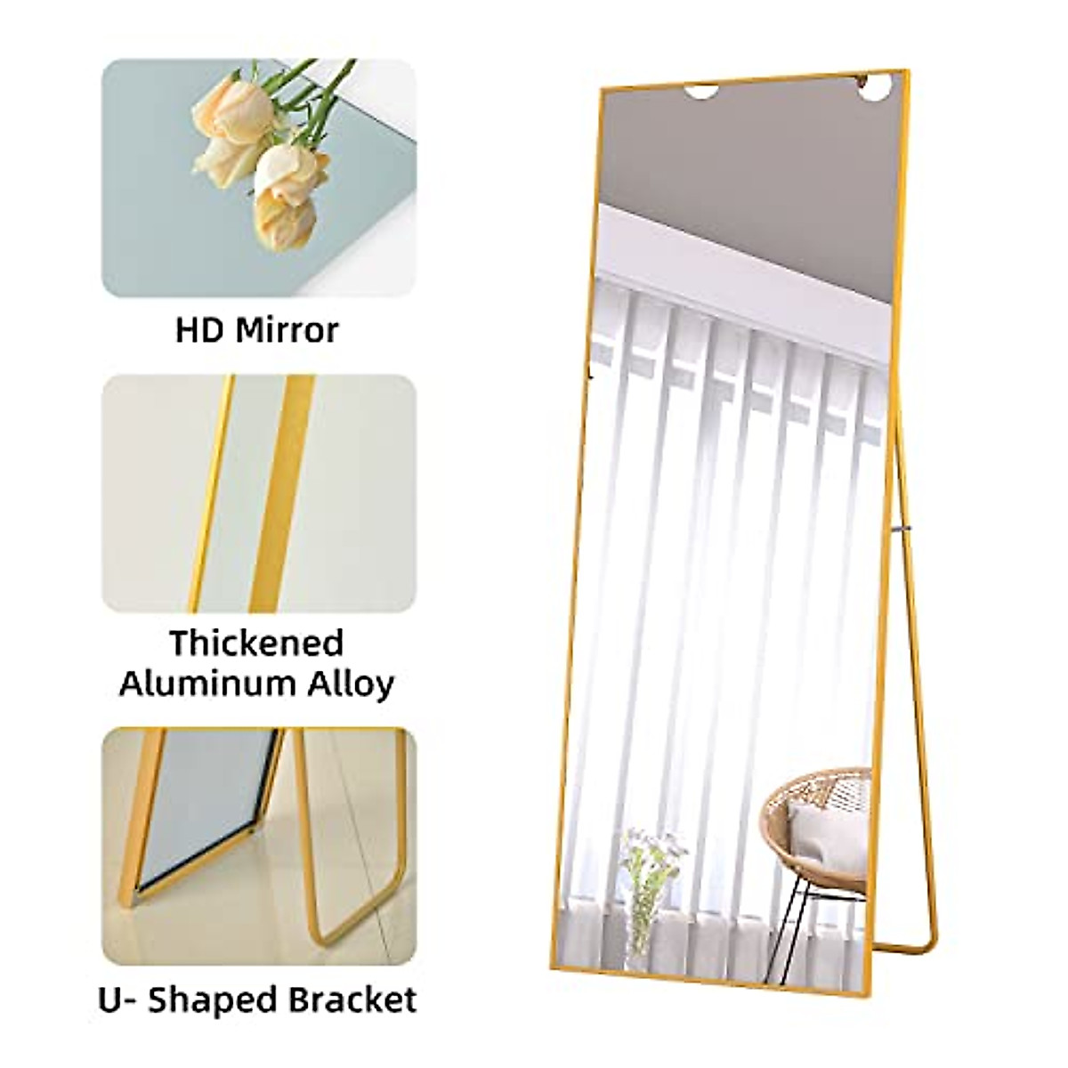 Z ZemXHhui Full Length Mirror, Wall-Mounted Full Body Mirror with Aluminum Alloy Thin Frame, Decorative Mirror for Bedroom Living Room Bathroom, 65"x23.6", Gold