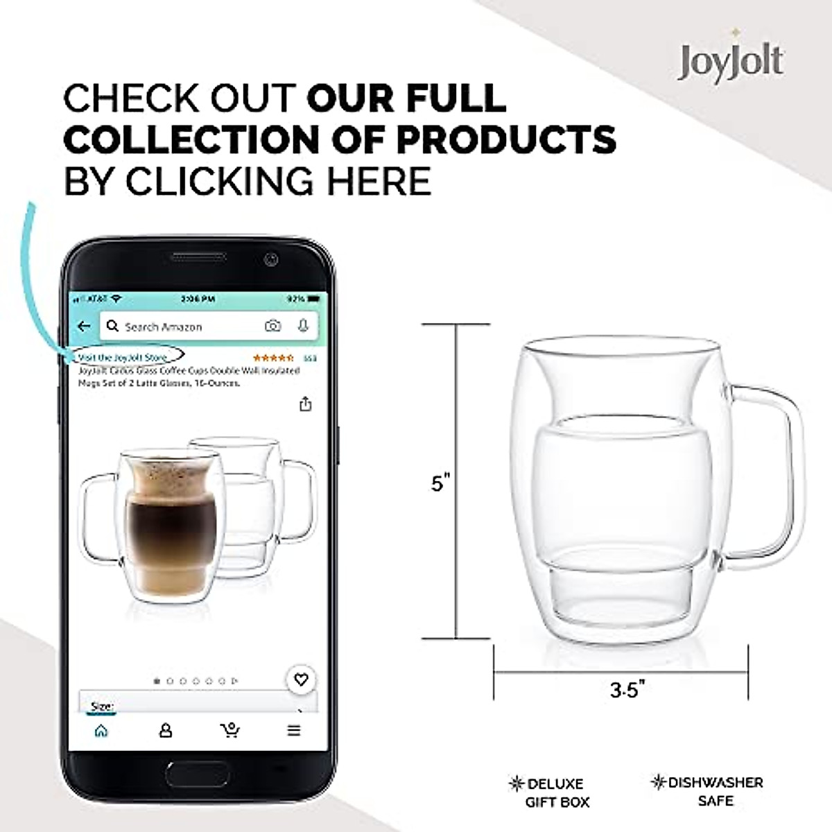 JoyJolt Cadus Glass Coffee Cups Double Wall Insulated Mugs Set of 2 Latte Glasses, 16-Ounces.