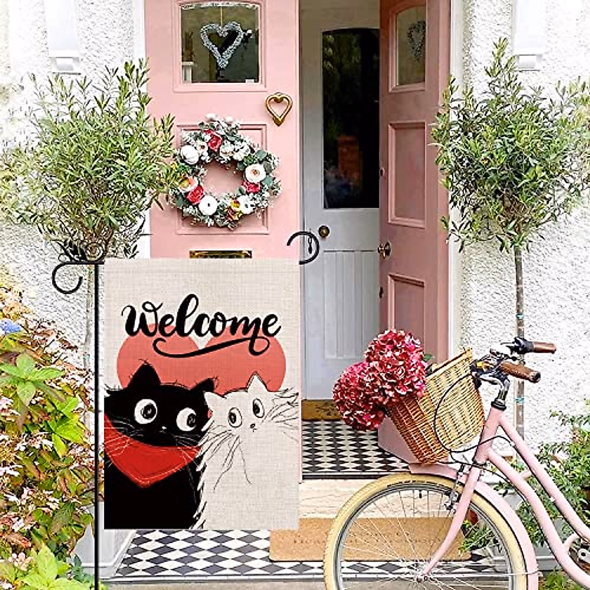 Valentines Day Garden Flag Cat Welcome Valentines Garden Flag Love Heart Home Burlap Double Sided Yard Decor 12.5x18 Inch