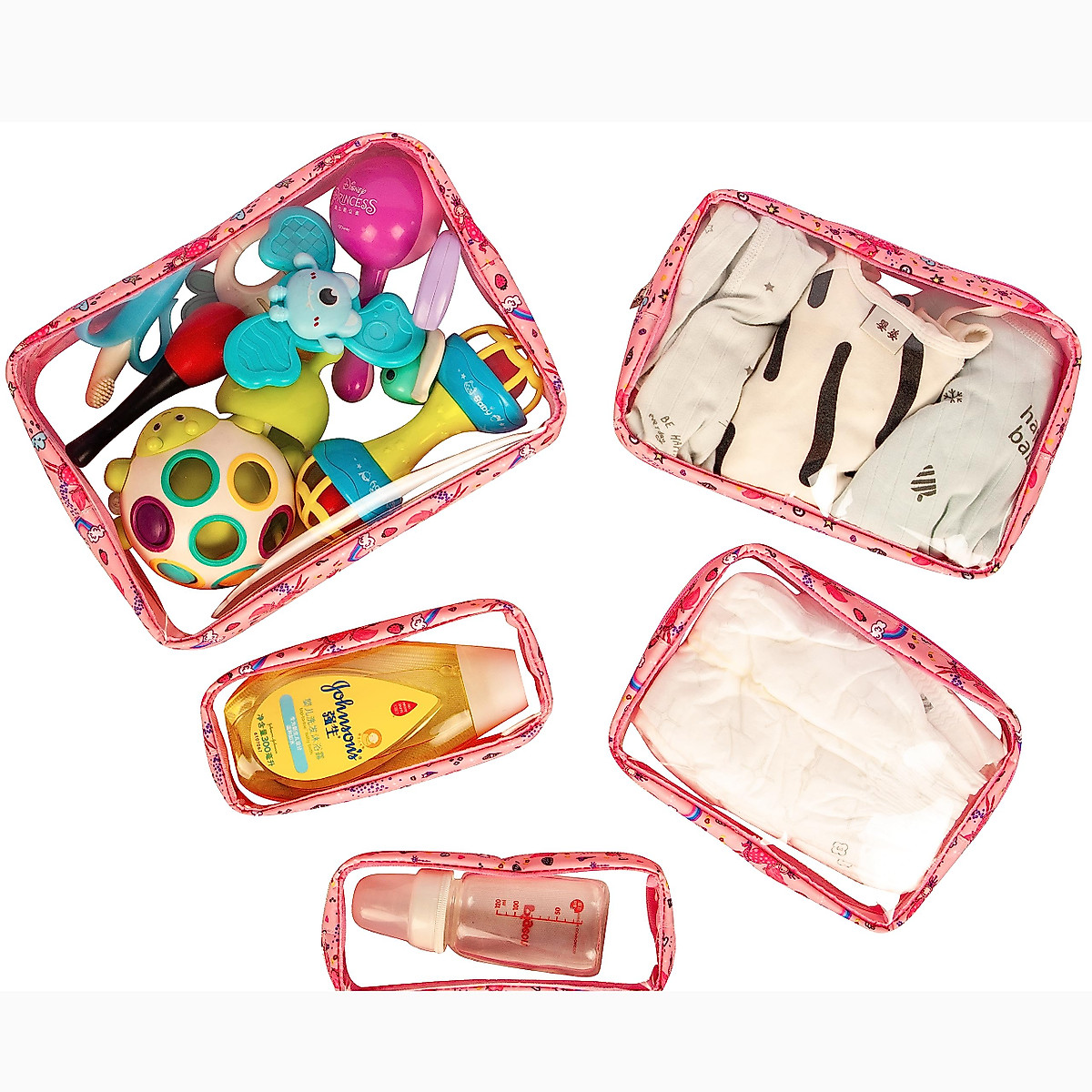Remobia Hicol TSA Approved 5-Piece Diaper Bag Organizer Pouch Set Clear Waterproof TPU Kids Toiletry Storage Set Travel Packing Clutch Cube Bags for Baby Nursing (Fairy)