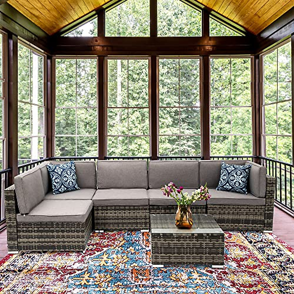 YITAHOME 6 Piece Outdoor Patio Furniture Sets, Garden Conversation Wicker Sofa Set, and Patio Sectional Furniture Sofa Set with Coffee Table and Cushion for Lawn, Backyard, and Poolside, Gray Gradient