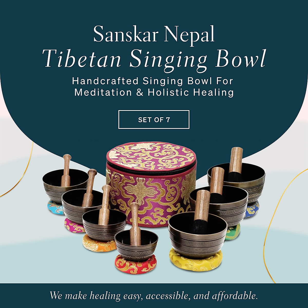 Sanskar Nepal - Tibetan Singing Bowl Set of 7, Handcrafted Singing Bowl for Meditation & Holistic Healing, Yoga Accessories, 3-5” Brass Singing Bowls with Wooden Striker, Cushion & Yellow Carry Box