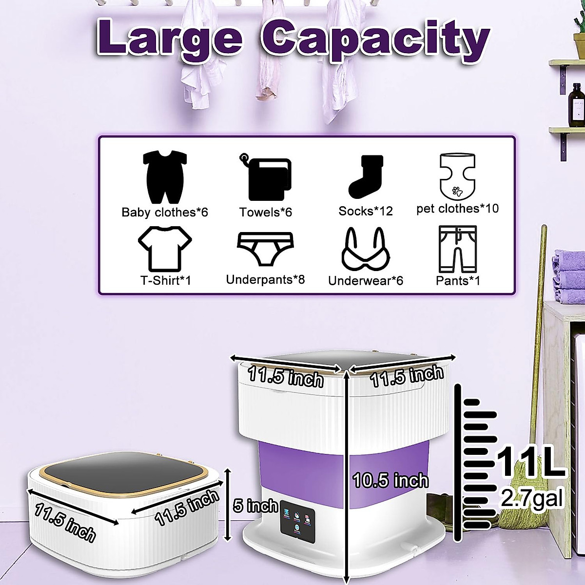 Mini Washing Machine, 11L Large Capacity Portable Washing Machine, Collapsible Foldable Washer and Dryer with Spin for Travel, Socks, Baby Clothes