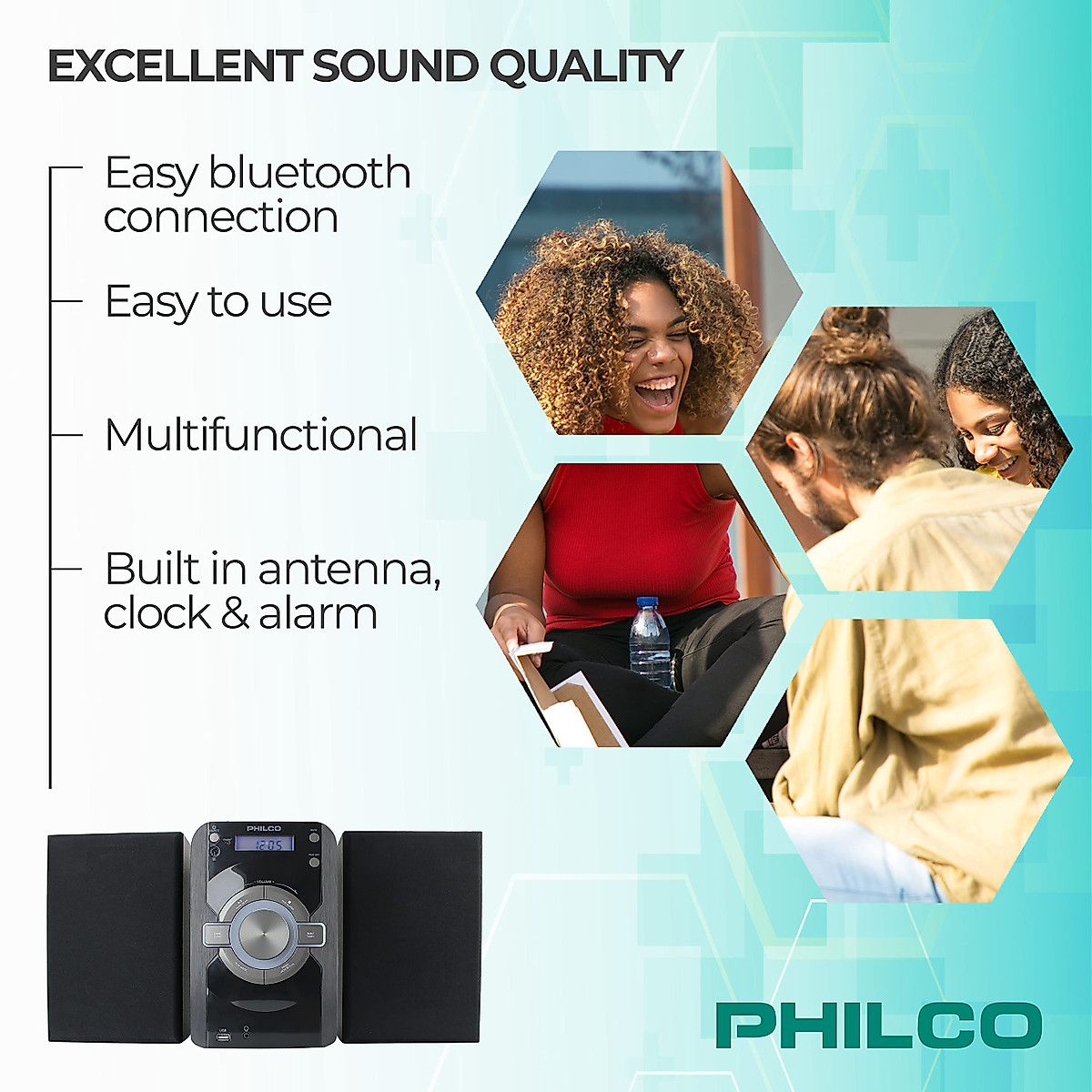 Philco Mini Stereo Shelf Systems CD Player with Digital FM Radio, Bluetooth Streaming, Remote Control in Black | LCD Display | 3.5mm Headphone Jack | MP3 & AUX Port Compatible | USB Playback