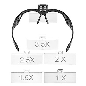 Beileshi Headhand Magnifier Glasses With 2 LED Professional Jeweler's Loupe Light Bracket and Headband are Interchangeable 5Lens Glass Magnifying Visor