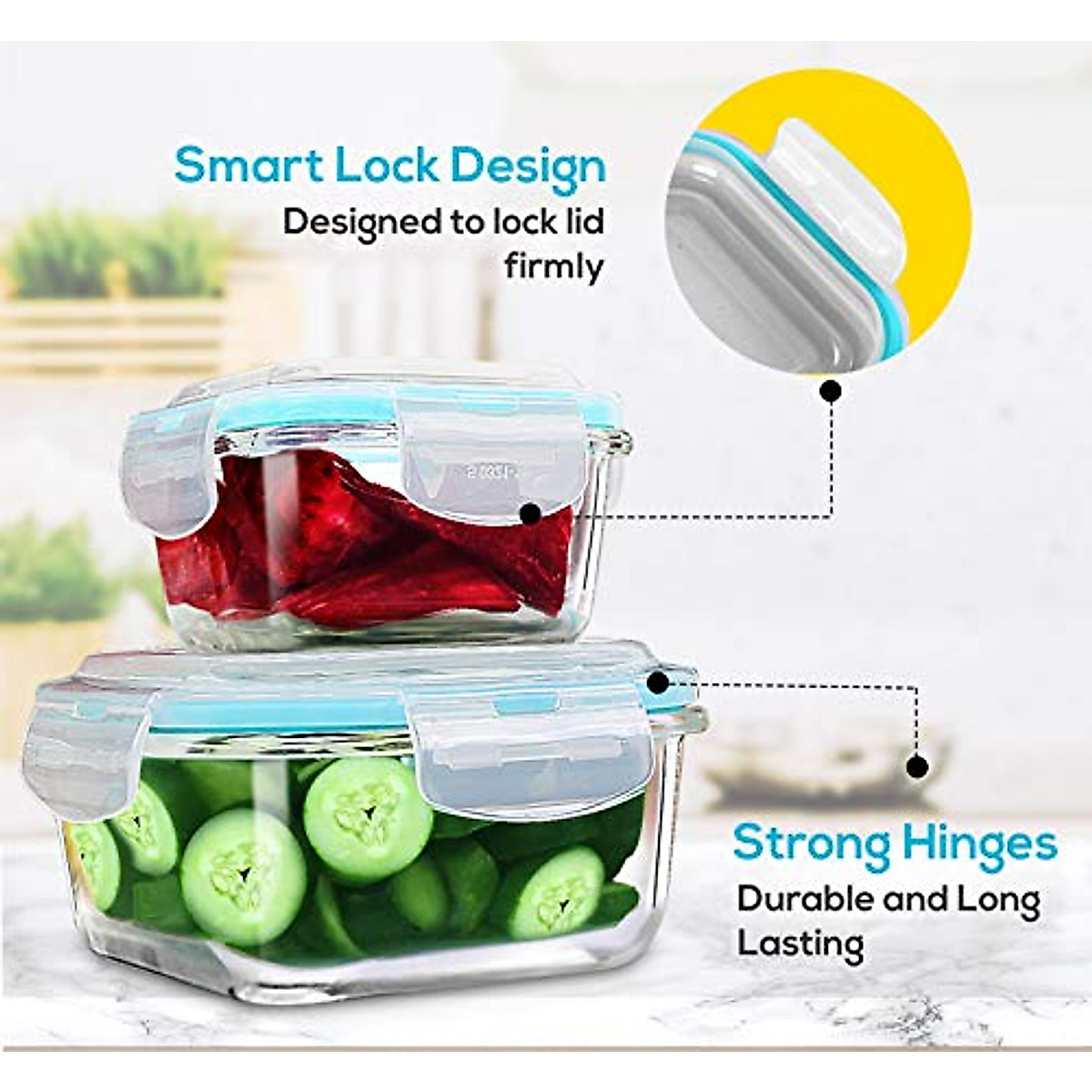 Utopia Kitchen Glass Food Storage Container Set - 18 Pieces (9 Containers and 9 Lids) - Transparent Lids - BPA Free (Blue, 18 Piece Set)