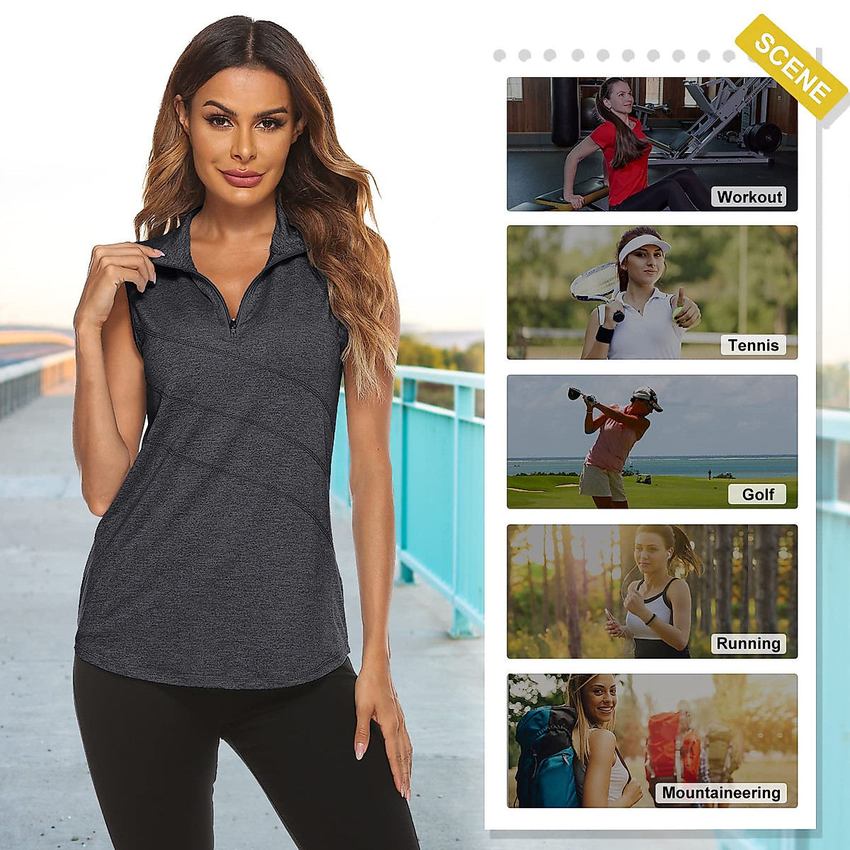 Koscacy Golf Shirts for Women,Sports Polo Athletic Zipper Tank Tops 1/4 Zip Sleeveless Tops Ladies Soft Surroundings Quick-Dry Exercise Outdoor Recreation Hiking Black Medium