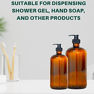 32oz Amber Glass Soap Dispenser- Large Amber Round Bottles with Black Pumps – Apothecary Soap Dispensers is Refillable & Reusable for Bath/Kitchen Accessories - Pack of 4