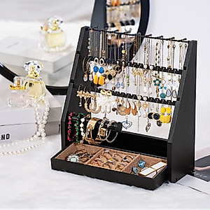 DGWJSU Earring Organizer, 5 Layer Earring Holder Organizer with Necklace Holder, Rustic Wood Jewelry Organizer Stand Display for Stud Earring Bracelet Necklace Ring, Watches