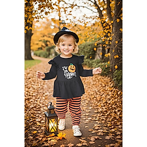 Noubeau My 1st Halloween Baby Girl Outfits Ruffle Pumpkin Print Tunic Drees Shirt Stripe Pants Legging Fall Winter Clothes（Black- A,6-12 Months）