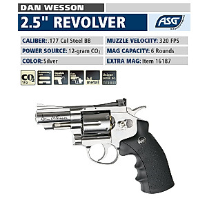 ASG Dan Wesson 2.5" Airgun - Double Action Trigger, Adjustable Rear Sight, Speed-Loader - .177 Cal/4.5mm CO2 BB Gun Pistols - 6 Cartridges, Silver
