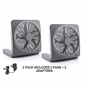Treva 10-Inch Portable Desktop Air Circulation Battery Fan, 2 Speed, Compact Folding & Tilt Design, with AC Adapter - 2 Pack (Graphite)
