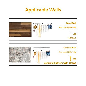 iflove Industrial Pipe Clothing Rack, 70 Inch Wall Mounted Clothes Rack, Wall Racks Hangers Laundry Room for Hanging Clothes, Closet Rods, Display Rack for Retail, SET OF 2, Black with 4 Hooks