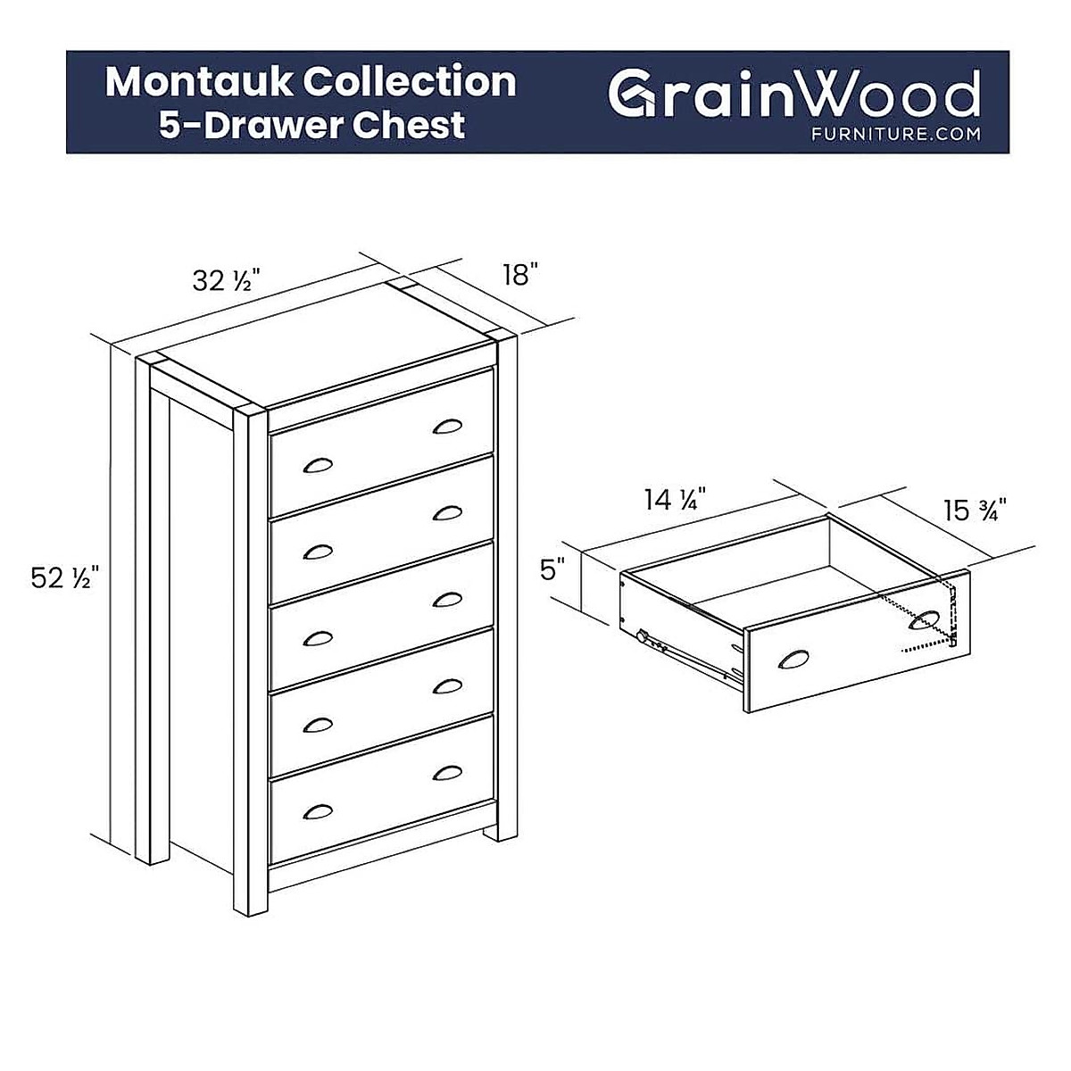 Grain Wood Furniture Montauk 5-Drawer Chest, Solid Wood with a Rustic Walnut Finish