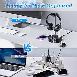ZEAGUS Headphone Stand with Alarm Clock, Gaming Headphone Stand for Desk,Headphone Holder with 2 USB Charging Ports and 2 Power Outlets,Headset Stand Suitable for All Earphone Accessories