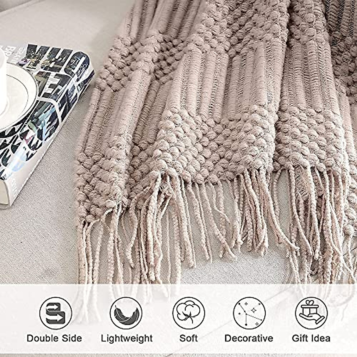 lifein Tan Throw Blanket for Couch-Soft Knitted Farmhouse Boho Throws,Cozy Knit Small Lightweight Blankets&Throws with Tassels for Bed,Chair,Sofa,Room,Home Decor,Spring (Light Khaki/Tan,50 * 60in)