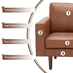 Dreamsir 65" Loveseat Sofa, Faux Leather Love Seat Couch, Mid Century Modern Couch with Solid Wooden Frame for Living Room & Bedroom in Small Spaces, Brown