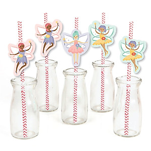 Big Dot of Happiness Let’s Be Fairies - Paper Straw Decor - Fairy Garden Birthday Party Striped Decorative Straws - Set of 24