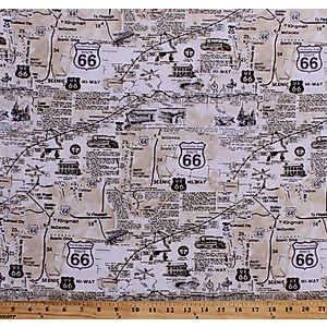 Cotton Vintage Route 66 Map Newspaper Print Road Signs Roads Road Trip Travel Cotton Fabric Print by The Yard (C7529)