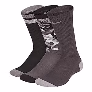 Nike Boy`s Performance Cushioned Dri FIT Crew Socks 3 Pack (Black Camo(UN0344-G4T)/Grey, 5-7 (10 Toddler-3 Little Kid))