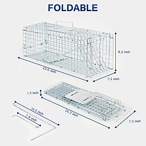 Humane Rat Trap Cage Live Rat Traps Humane Cat Traps Catch Release Live Animal Rodent Cage Collapsible Galvanized Wire for Rabbit Small Groundhogs Squirrel Mole Gopher Mice Chipmunk-24X8X7.2In