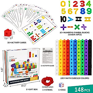 Number Blocks, Math Manipulatives 100 Snap Cubes with 30 Activity Cards, STEM Toy Learning Math Games for Kids 3 4 5 6 7 8+ Year Homeschool Supplies Birthday Gift, 148PCS