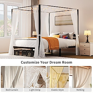 YITAHOME Canopy Bed Frame Queen, Four Poster Bed with Charge Station & Star-Shaped LED Light, 14 Inch Platform with Built-in Headboard Strong Metal Slat Mattress Support, No Box Spring Needed, Black